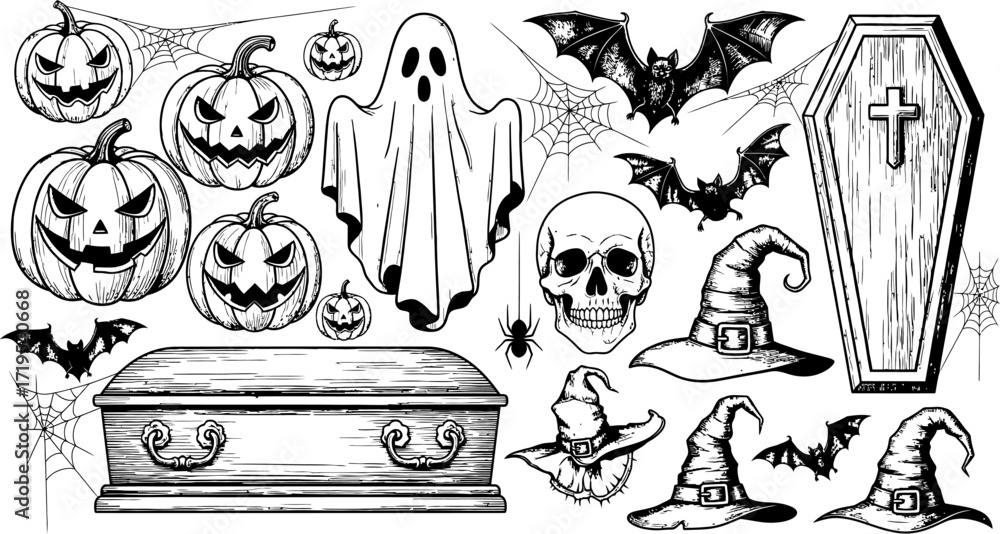 Spooky Halloween Clipart Pumpkins, Ghosts, Bats, and More Stock Vector ...