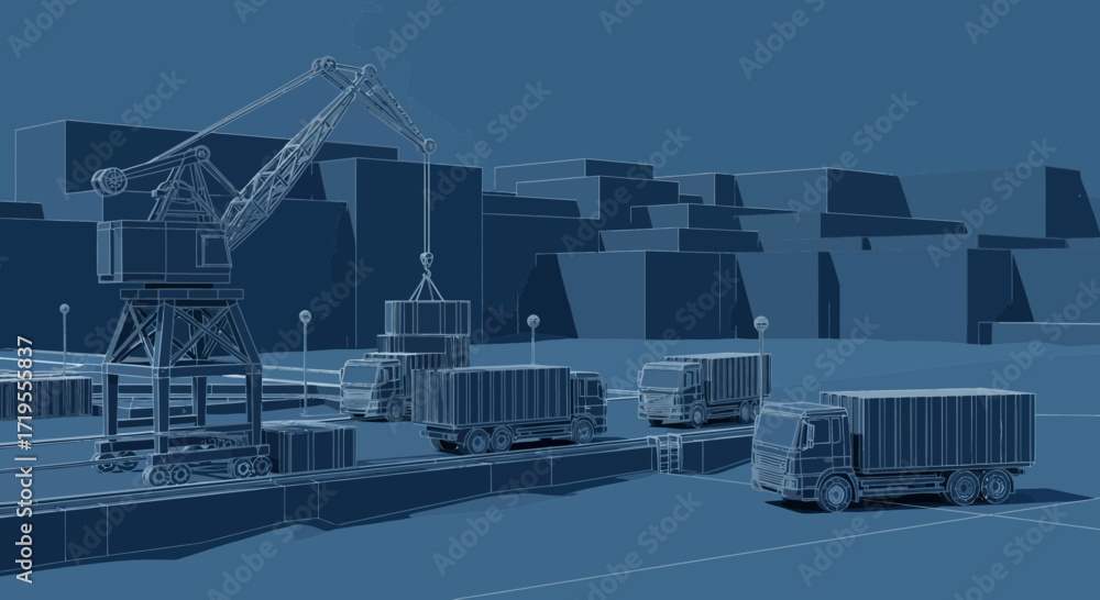 Blueprint Visualization of a Cargo Port with Crane and Trucks Depicting ...