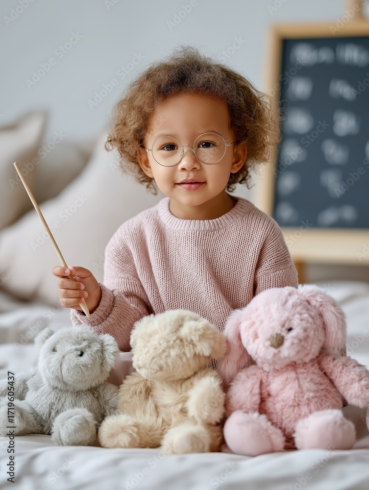Adorable young child with curly hair playing with stuffed animals and ...
