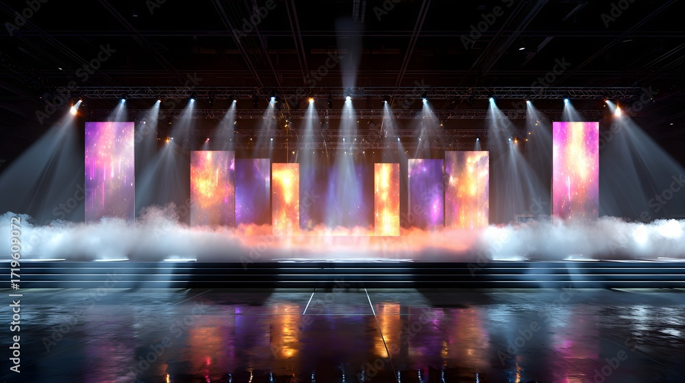 Concert stage with dramatic lighting, vibrant led screens, and ...