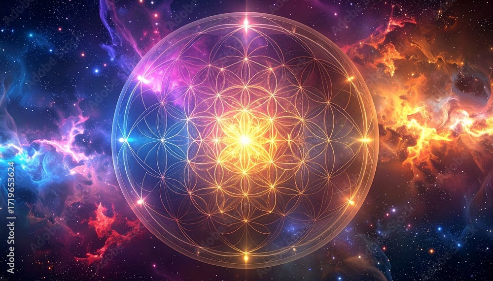 Sacred Geometry Glowing Flower of Life Pattern in Cosmic Nebula ...