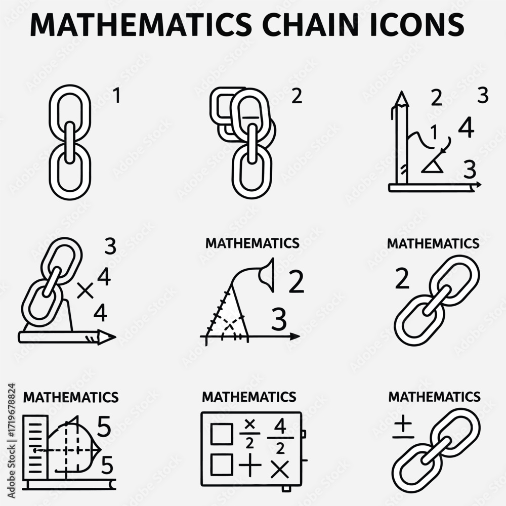 Set of mathematics chain link icons representing various math concepts ...