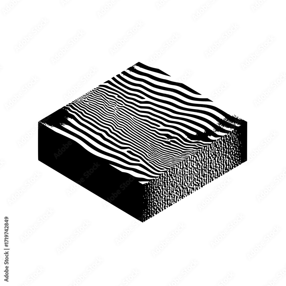 Isometric cube with distorted horizontal lines and textured vertical ...