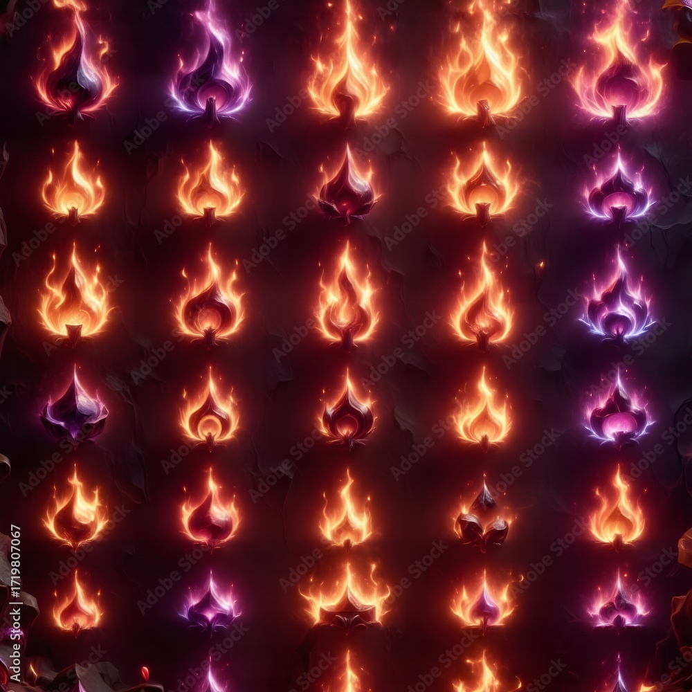 Red and violet fire flame icons, subject at bottom, large clear space ...