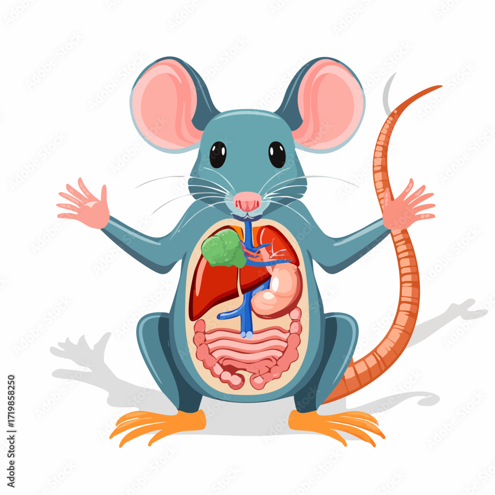 Vector illustration of mouse internal organs and anatomy. Simplified scientific diagram for ...