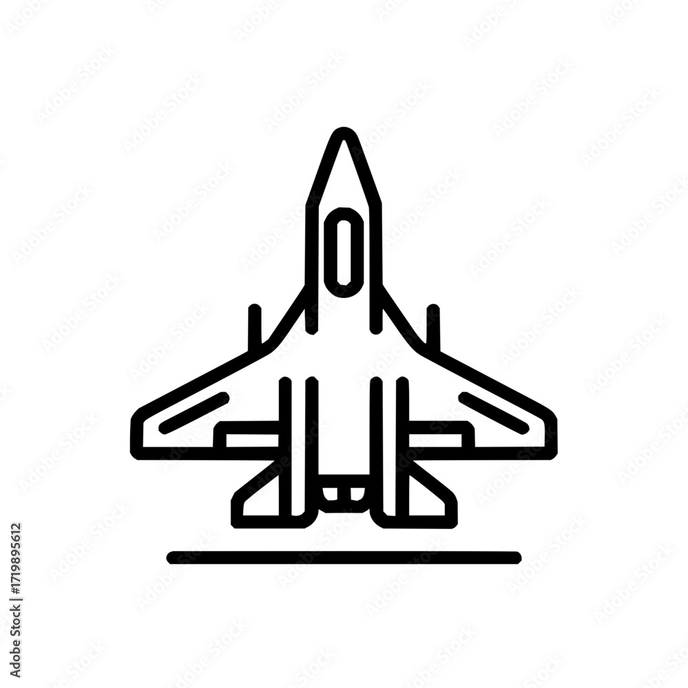 Aviation icon depicting a fighter jet with wings and tail fins ready ...