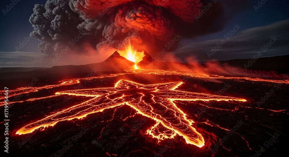 Molten Lava River Carving a Fiery Christmas Star Through Black Basalt ...