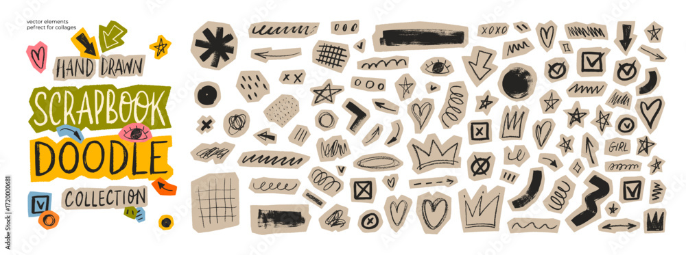 Playful scrapbook doodle set. Cute cutout elements for collage. Stock ...