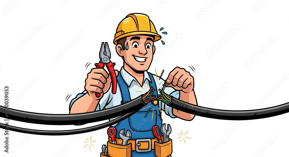 Cartoon electrician character in a hard hat fixing a broken electrical ...