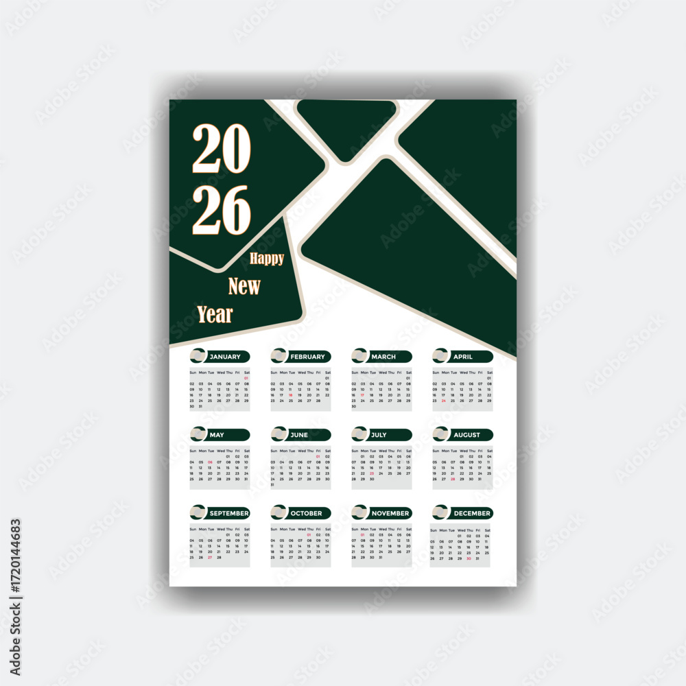 Stock-Vektorgrafik „Monthly calendar layout for 2026 year. Diary ...