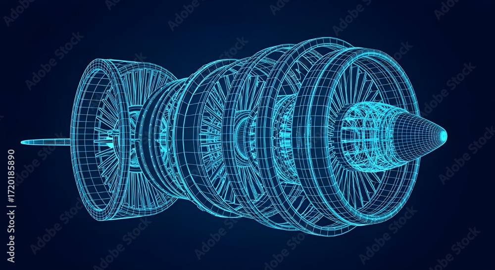 Stock-Illustration „Airplane engine Blue Wireframe Jet Engine Turbine ...