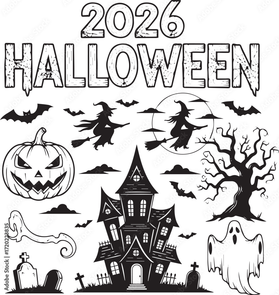 Halloween 2026 Spooky Scene, Stylized Illustration with Witches ...