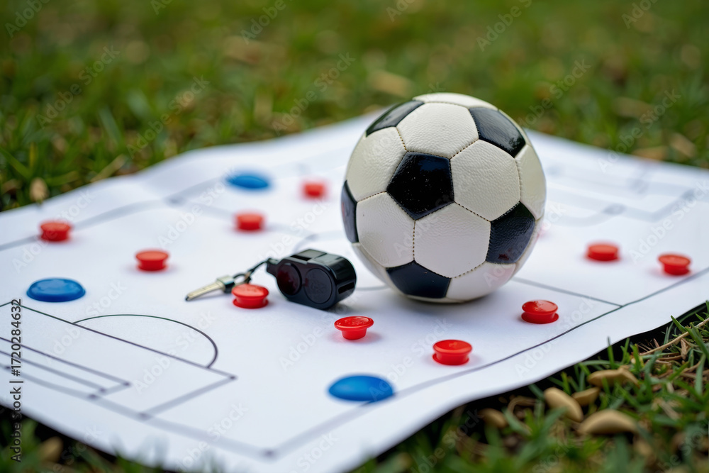 Aesthetic soccer setup: soccer ball and whistle poised atop a tactical ...