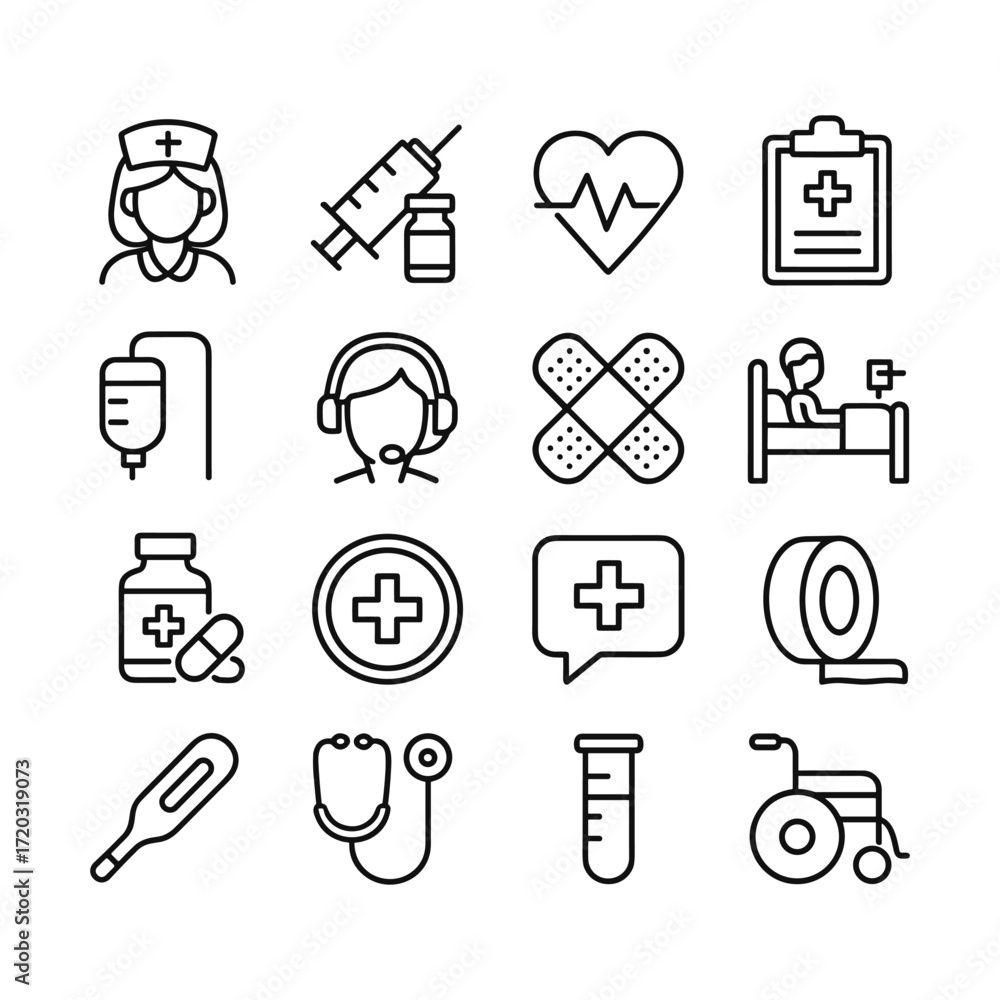 Nursing care icons collection. Outline symbols. Line design Stock ...