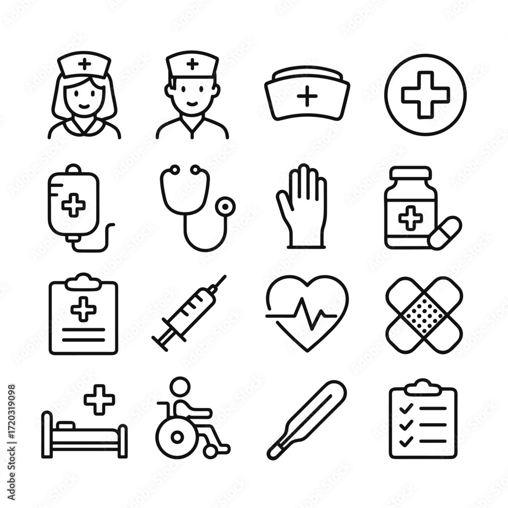 Healthcare nursing symbols set. Outline symbols. Line design Stock ...