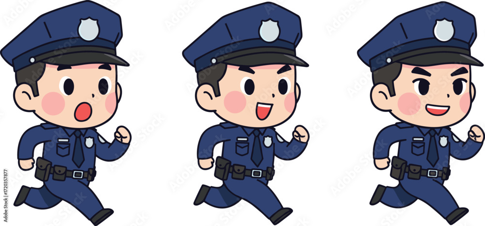 Cartoon police officer running with expressive poses, character ...