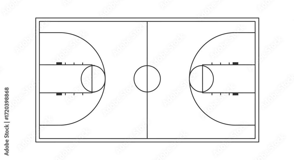 Overhead view of a standard basketball court diagram, showing lines ...
