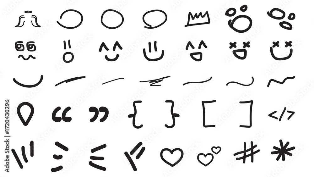 Doodle hand drawing pack with emoticons, faces, hearts, crown ...