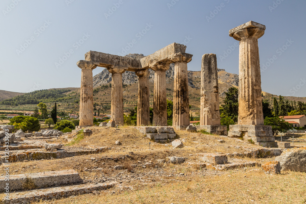 Temple of Apollo ruins in the Ancient Corinth, Greece Stock Photo ...
