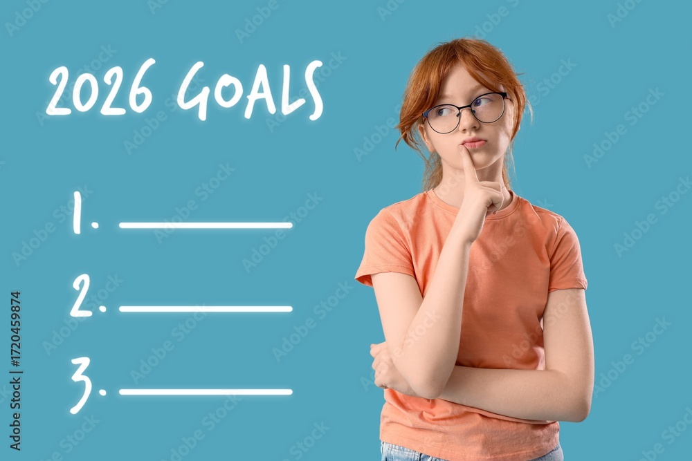 Thoughtful teenage girl and blank list of goals for year 2026 on blue ...