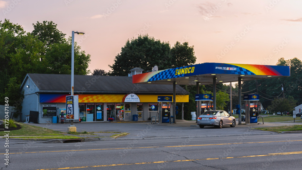 New Hartford, NY - Aug 6, 2025: Ultra-wide night view of Sunoco gas ...