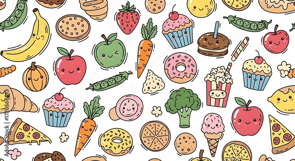 Cartoon food pattern with fruits, vegetables, desserts, and snacks ...