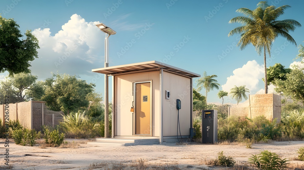 Compact modular building with a solar powered street light and EV ...