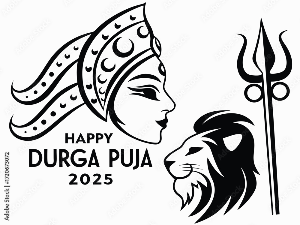 Durga Puja 2025 Celebration Vector – Maa Durga Face with Trishul Stock ...