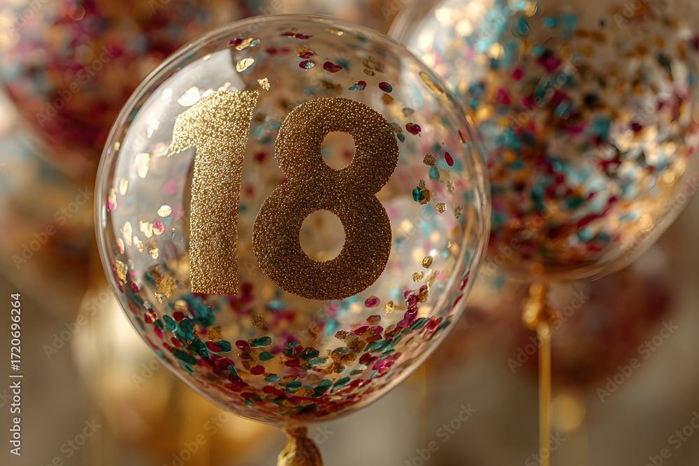 round, transparent balloons filled with confetti, each attached to a ...