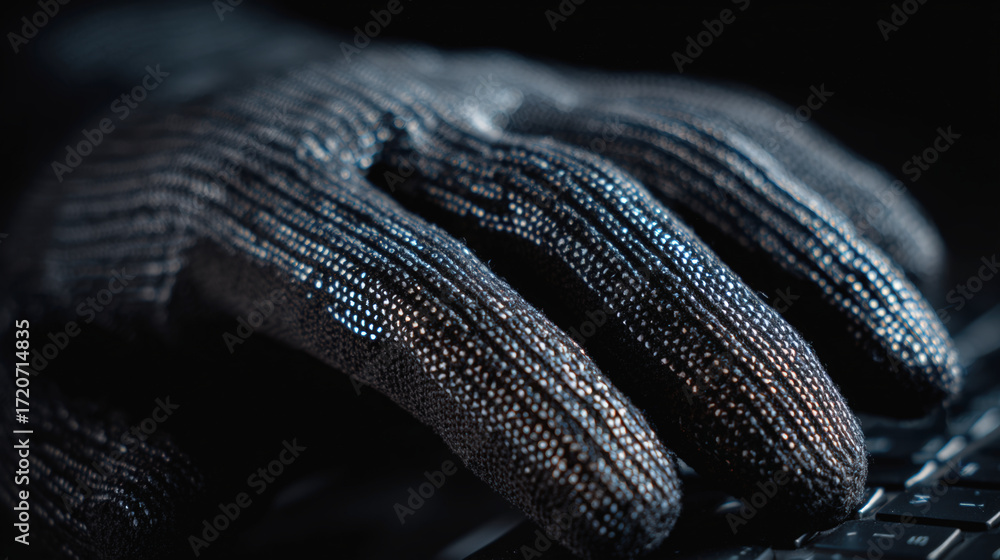 Gloved hand typing keyboard, cyber security, dark tone, macro detail ...