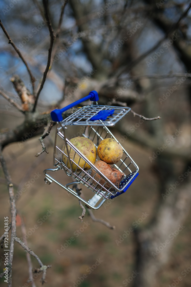 Shopping cart hanging from a tree branch with potatoes and a beet in a ...