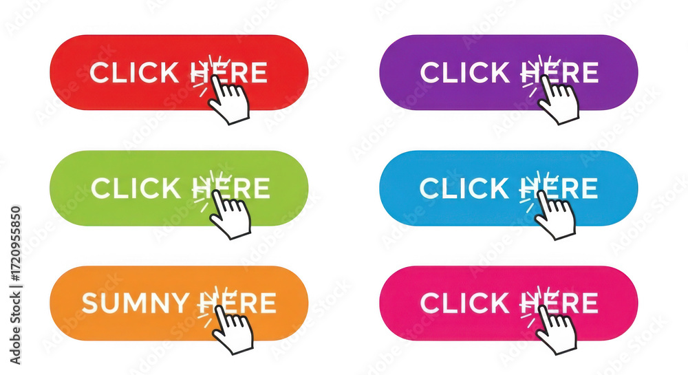 Six colorful 'click here' buttons with cursor interaction for web and ...