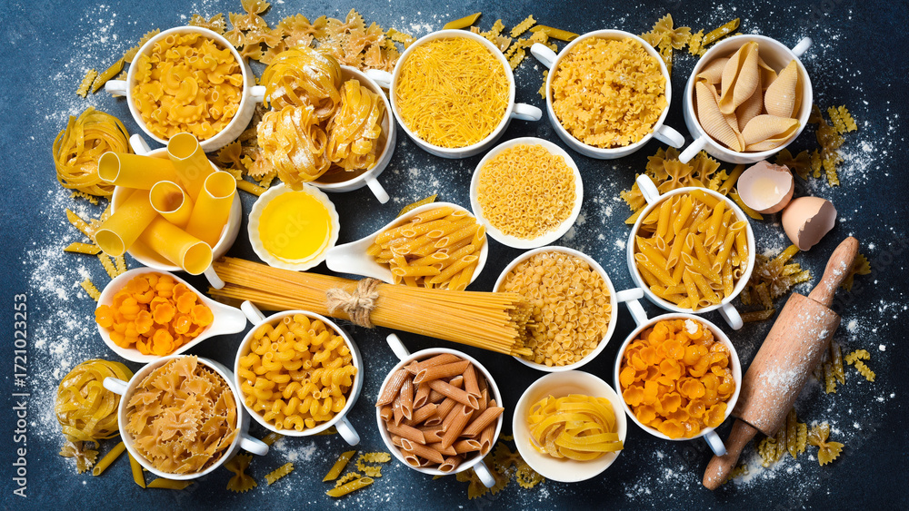 Layout of Italian raw pasta, different types and shapes of pasta, Kinds ...