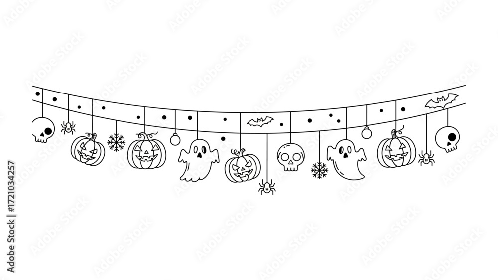 Halloween Banner Line Art: Festive line art of Halloween decorations ...