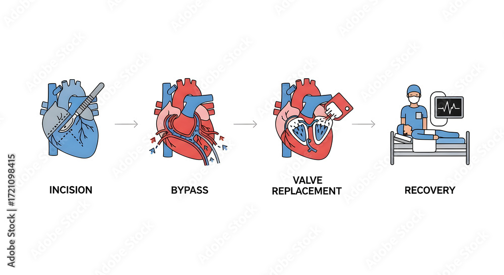 Heart Valve Replacement Stages: Incision, Bypass, Replacement, and ...
