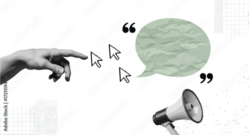 Inspiring hand reaches out to digital cursors leading to a speech ...
