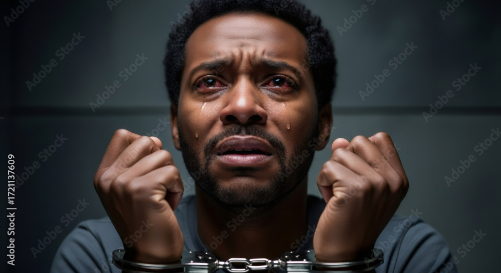 Crying african american man in handcuffs. Incarceration, pain ...