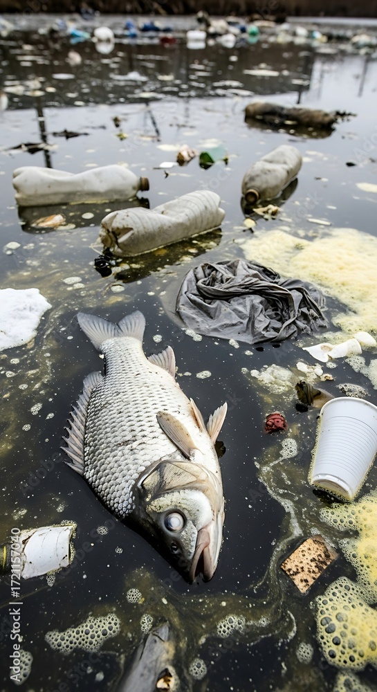 Polluted Water Dead Fish Plastic Debris. Stock Photo | Adobe Stock