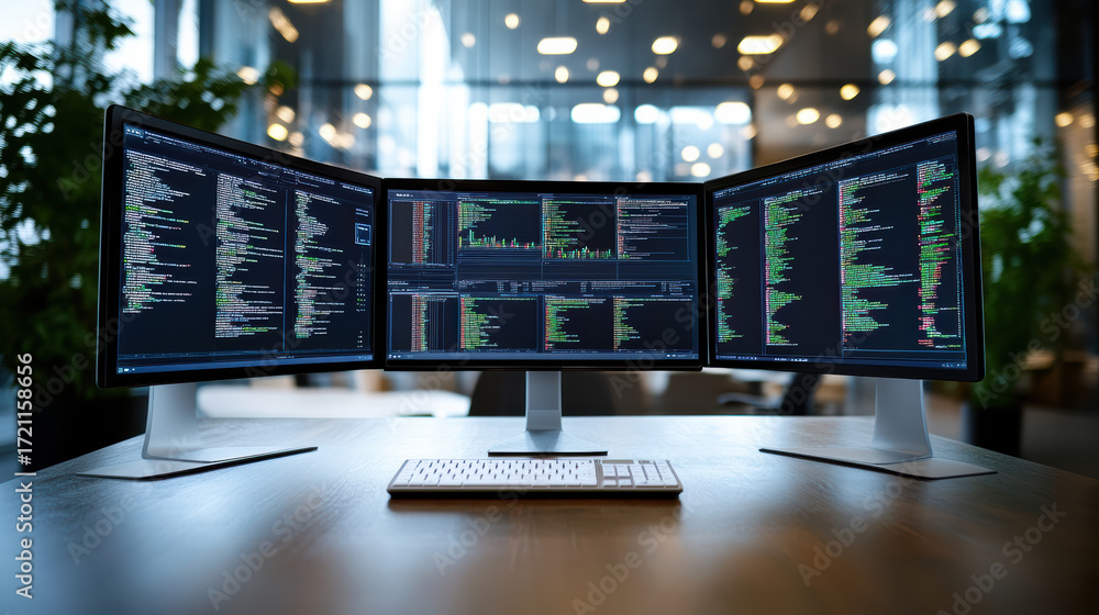 High tech workspace with multiple curved screens displaying code and ...