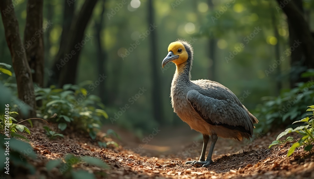 Dodo bird stands alone in forest clearing under daylight sun. Grey ...