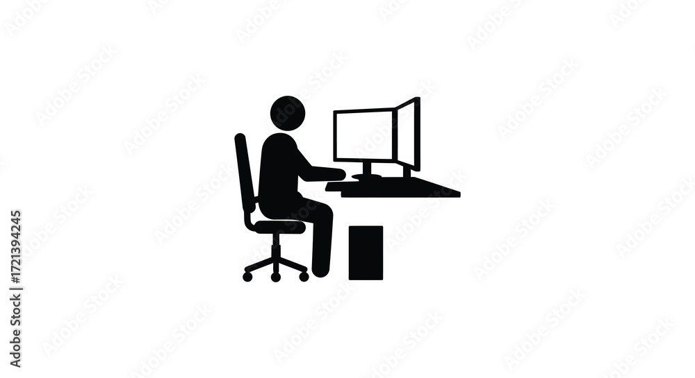 Stick figure working at a computer with monitor and desktop setup Stock ...