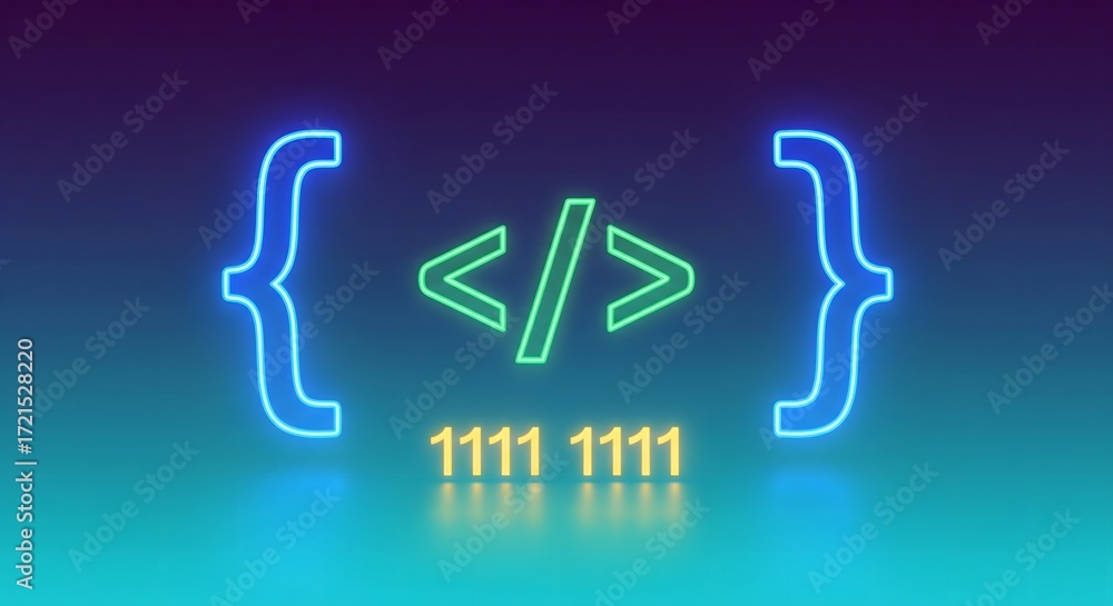 Neon coding symbol with brackets and binary code against a gradient ...
