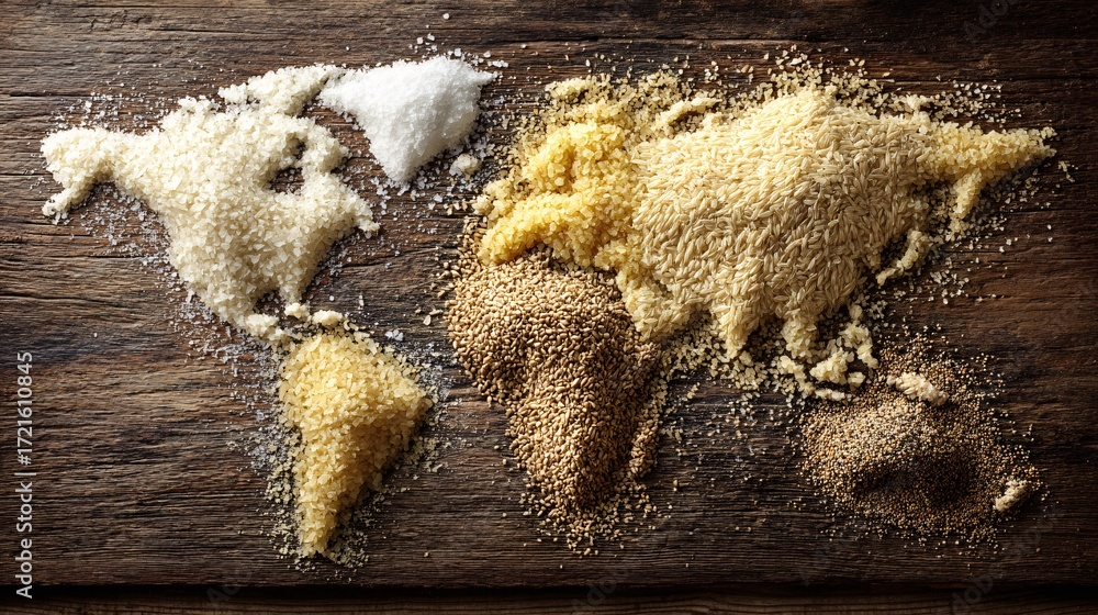 world map creatively outlined using different types of salt on a dark ...