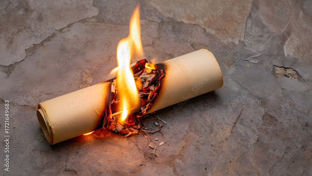 Burning scroll on a stone surface shows the destruction of knowledge ...