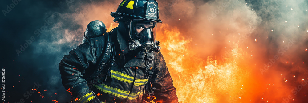 Fire fighting in a major fire. Male firefighter on the fire background ...