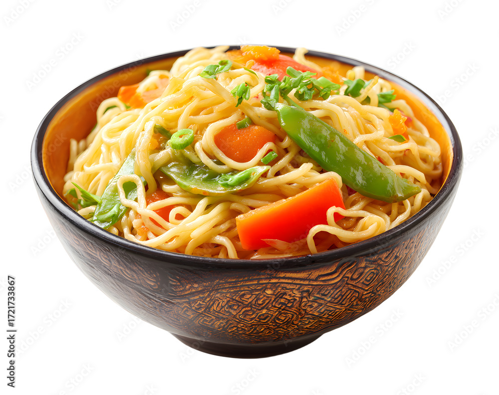 Bowl of delicious vegetable chow mein noodles with carrots, peas, and ...