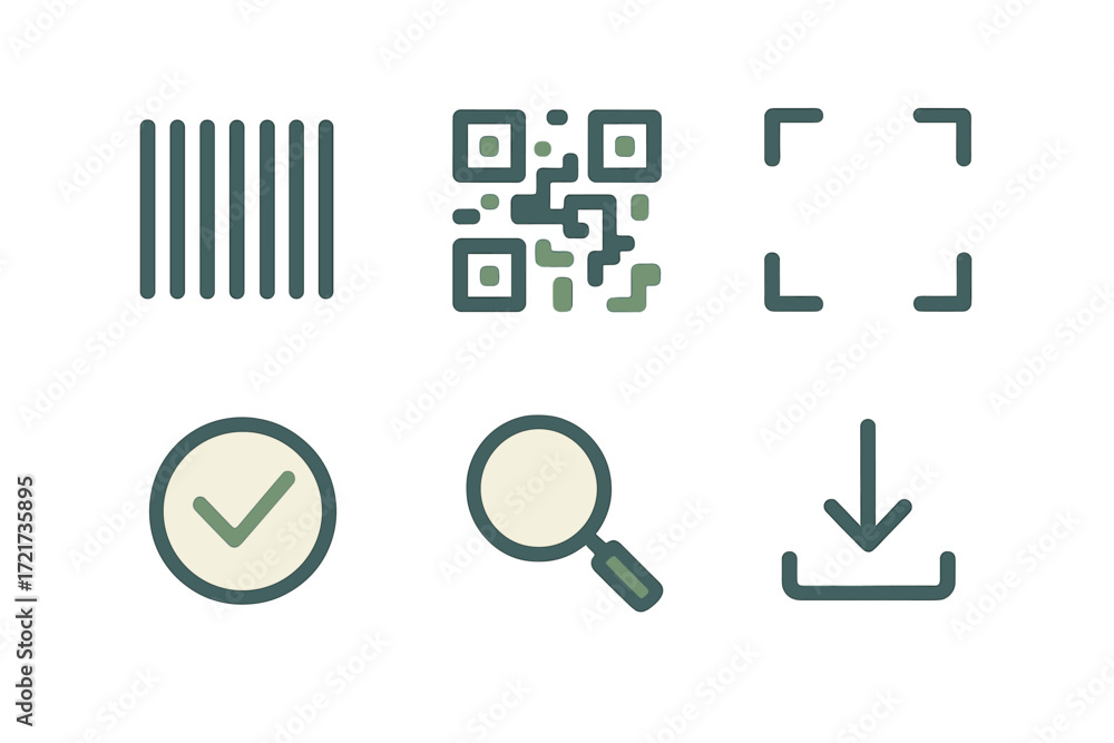 Collection of essential interface icons: barcode, QR code, scan ...