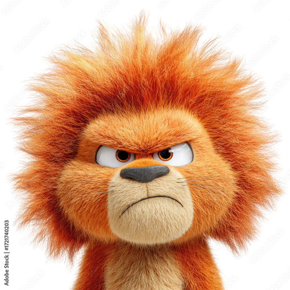 An isolated portrait of an animated lion with a fiery mane and a grumpy ...