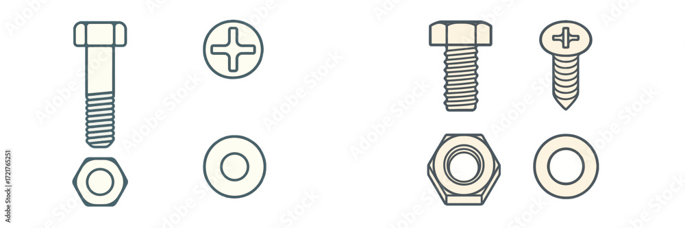 Different types of screws, bolts, and nuts displayed on a plain ...