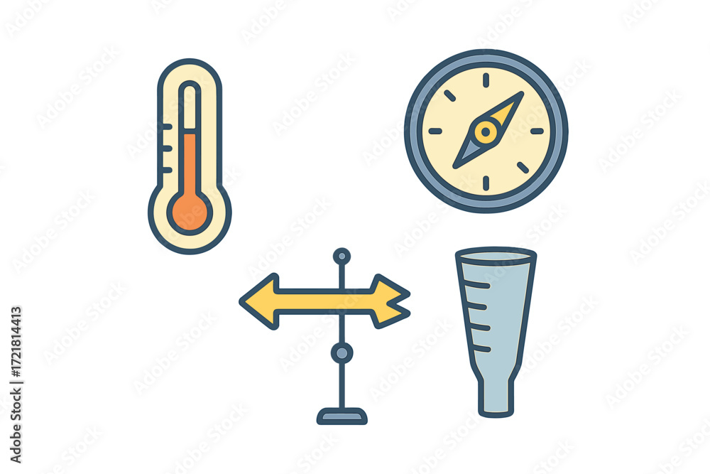 Meteorological tools showcasing temperature, direction, wind speed, and ...
